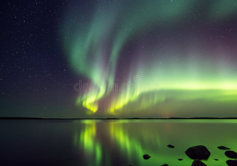 Aurora Borealis Over Water with Reflections and Stars in the Night Sky ...