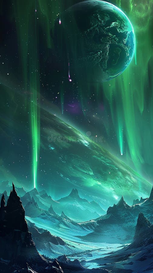 Aurora Borealis Shimmering Over Alien Landscape Stock Illustration ...