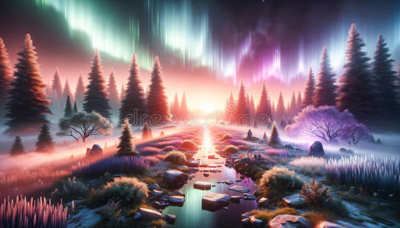 Aurora Borealis Shines Above a Tiny Stream, AI-generated. Stock Photo ...