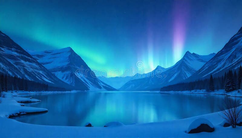 Aurora Borealis Shining Over Snow Covered Mountains and Lake Stock ...