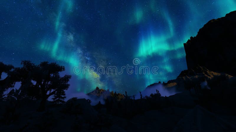 Aurora Borealis on Starry Sky, Flight Over Mountain Peaks with Tree ...