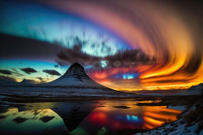 Aurora in the Dusk Over a Mountain Peak Reflected in Lake. AI Generated ...