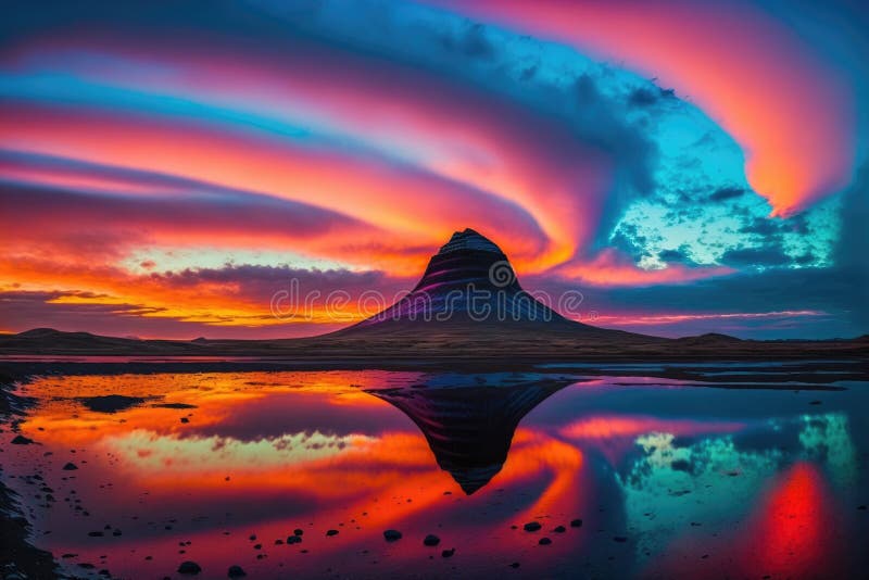 Aurora in the Dusk Over a Mountain Peak Reflected in Lake. AI Generated ...