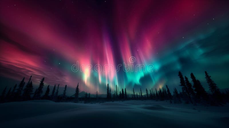 Aurora Lights Illuminate Snowy Alaska Forest at Night Stock Image ...