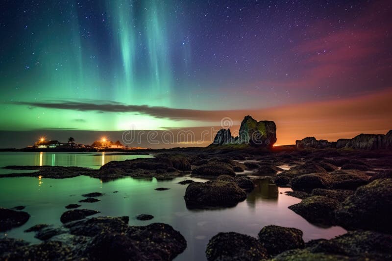 Aurora Lights Shimmering in the Night Sky Over a Coastal Scene Stock ...