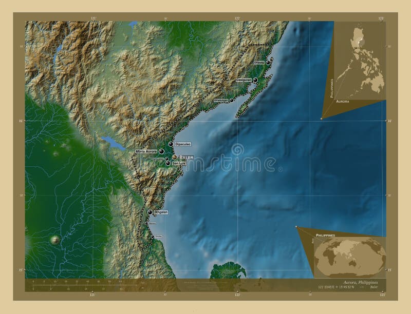 Aurora, Philippines. Physical. Labelled Points of Cities Stock ...