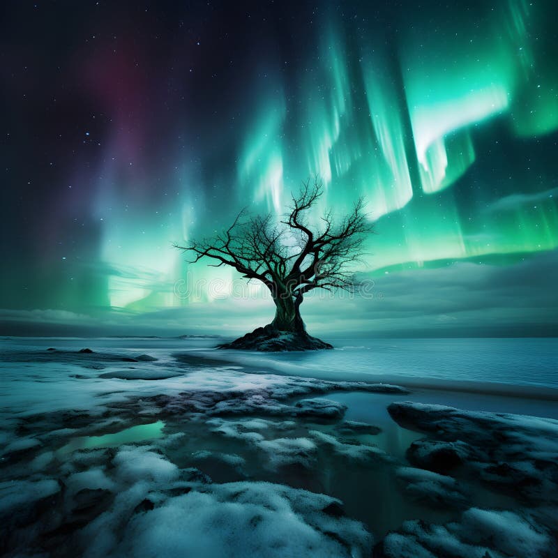 Aurora View in Night Sky Tundra Environment, Generative Ai Stock ...