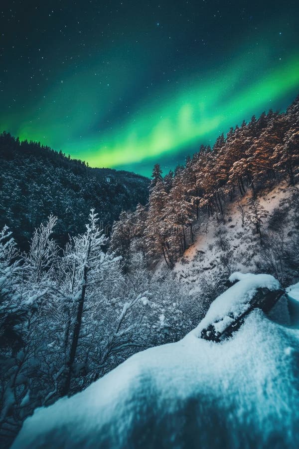 Auroral Display in the Night Sky Above a Snowy Forest Landscape Stock ...