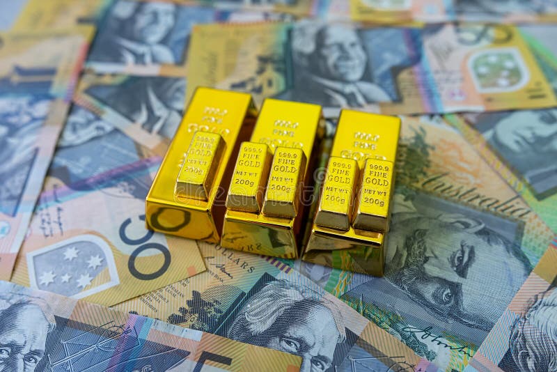 Aussie Aud Australian Dollar Banknotes on Gold Bars. Saving Investment ...