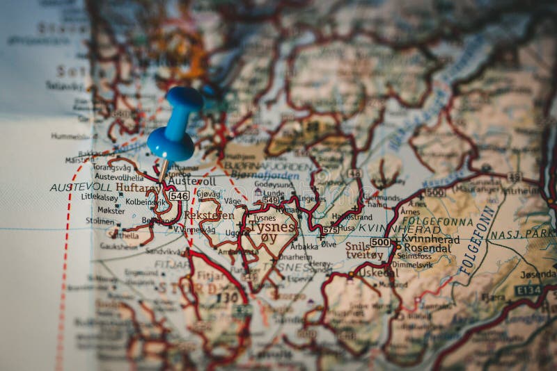Austevoll, Norway, Blue Pinhead on Map Stock Photo - Image of icons ...