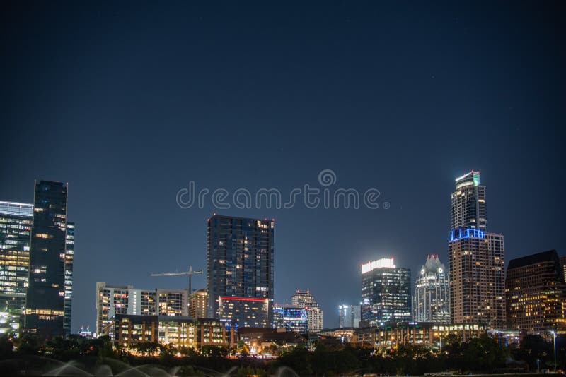 Austin skyline at night stock image. Image of city, colorful - 256836905