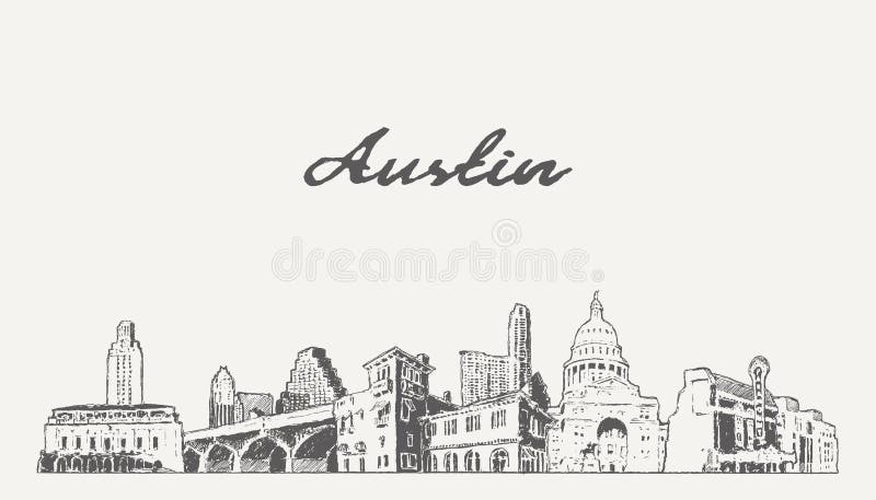 Austin Skyline, Texas, USA, Hand Drawn, Sketch Stock Vector ...