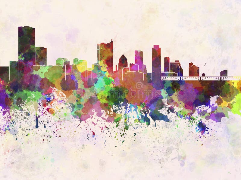 Austin Skyline in Watercolor Background Stock Illustration ...