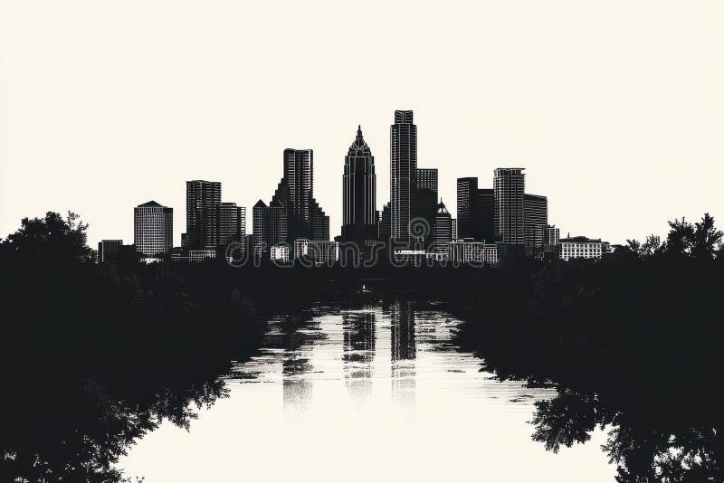 Austin Texas Skyline Cityscape Black and White Water Reflection Stock ...