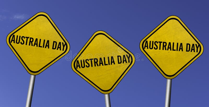 Australia Day - Three Yellow Signs with Blue Sky Background Stock ...