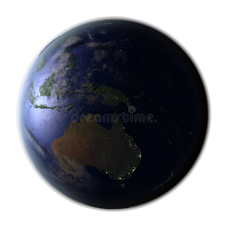 Australia on Earth at Night Isolated on White Stock Illustration ...