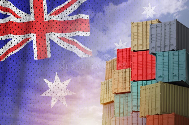 Australia Flag and Big Stack of Shipping Cargo Containers in Docks with ...