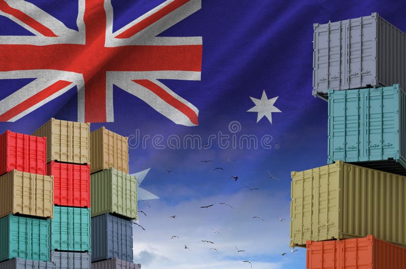 Australia Flag and Big Stack of Shipping Cargo Containers in Docks with ...