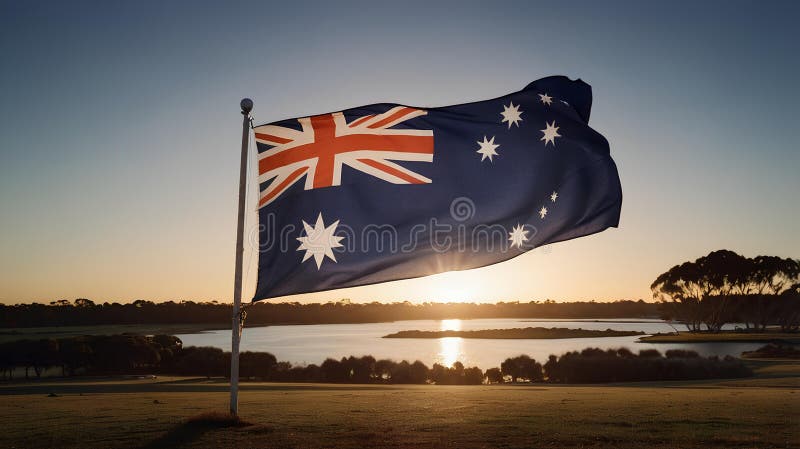 Australia Flag Waving on the Pole at Sunset Stock Illustration ...