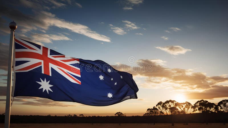 Australia Flag Waving Under Clear Sky at Dusk Stock Illustration ...