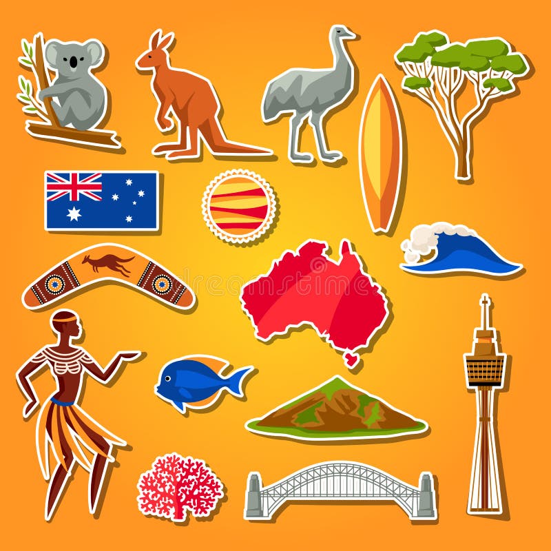 Australia Icons Set. Australian Traditional Sticker Symbols and Objects ...