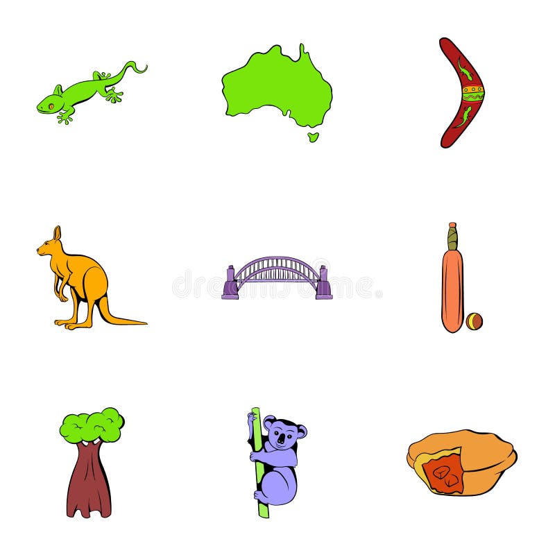 Australia Icons Set, Cartoon Style Stock Vector - Illustration of ...