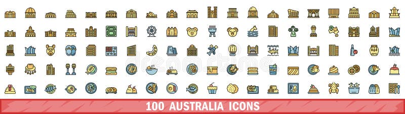 100 Australia Icons Set, Color Line Style Stock Illustration ...