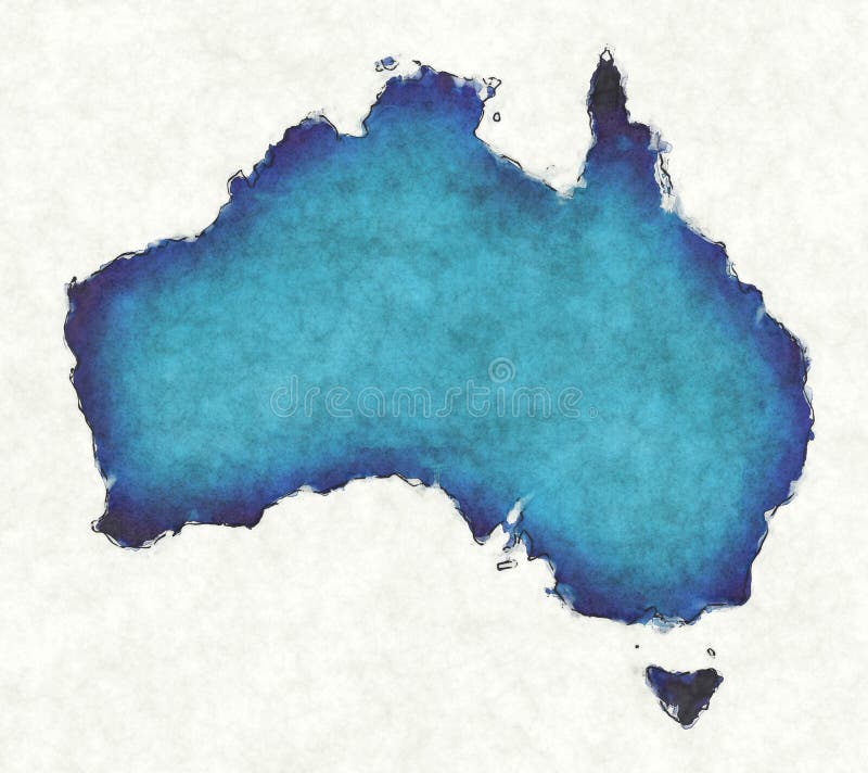 Australia Map with Drawn Lines and Blue Watercolor Illustration Stock ...