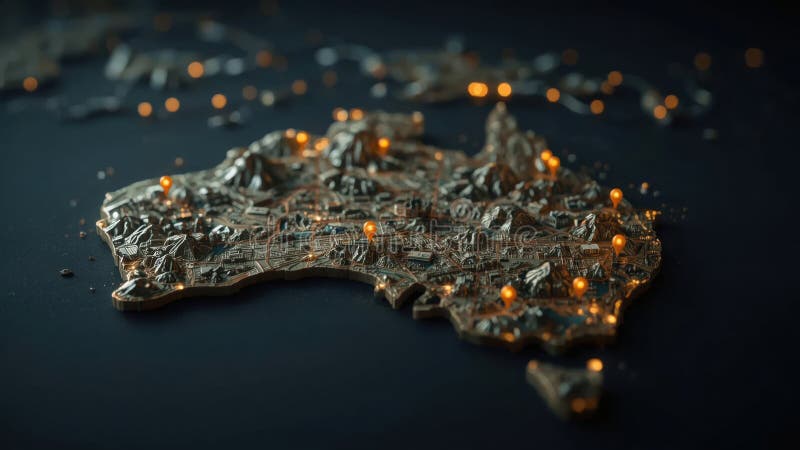 Australia Map: Metallic Topographical Model with Illuminated Points ...