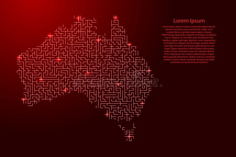 Australia Map from Red Pattern of the Maze Grid and Glowing Space Stars ...