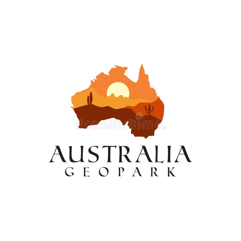 Australia Map Sunset Landscape Background Cactus Mountain Logo Design ...
