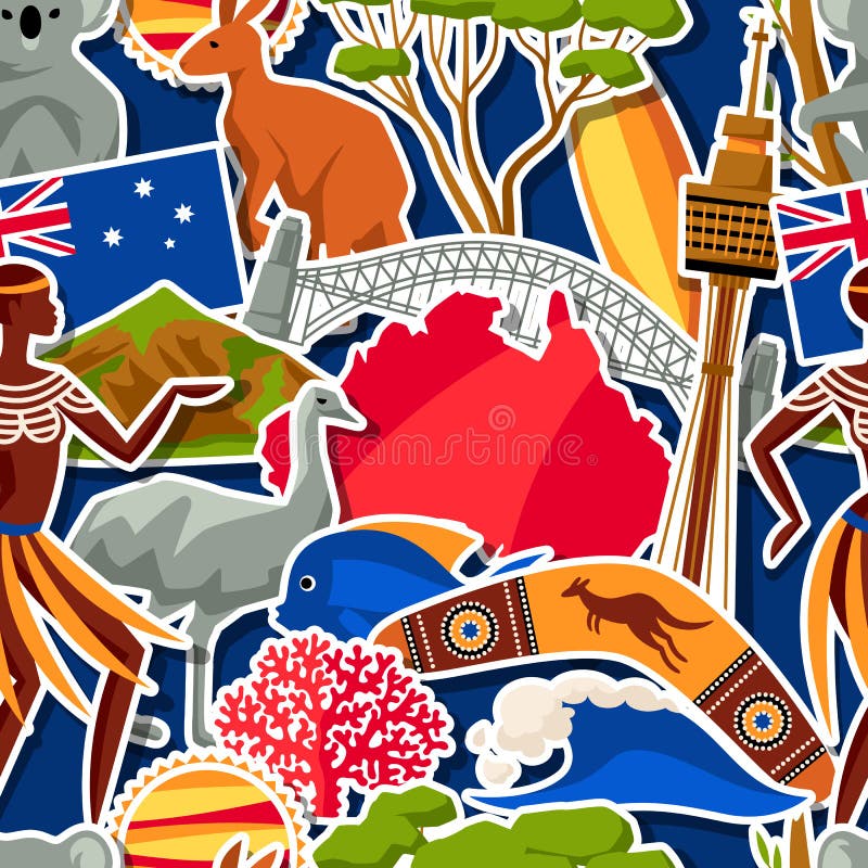 Australia Seamless Pattern. Australian Traditional Sticker Symbols and ... Australia Seamless Pattern. Australian Traditional Sticker Symbols and ...