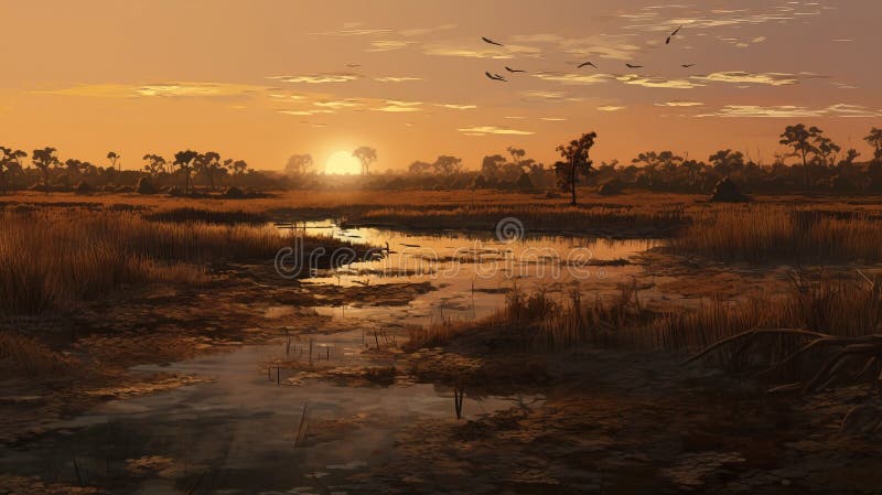 Stunning Uhd Image: Majestic Sunset Over Plain with Birds and Water ...