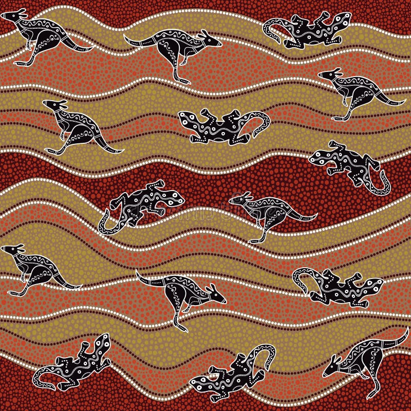 Australian Aboriginal Art Seamless Vector Pattern with Kangaroo, Lizard ...