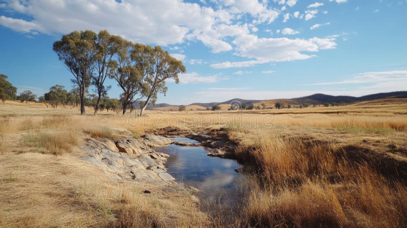 Australian Arid Landscape with Stream and Trees Under Blue Sky Stock ...