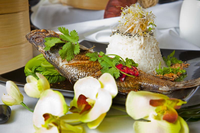 Barramundi, Served with Fragrant Jasmine Rice Stock Image - Image of ...