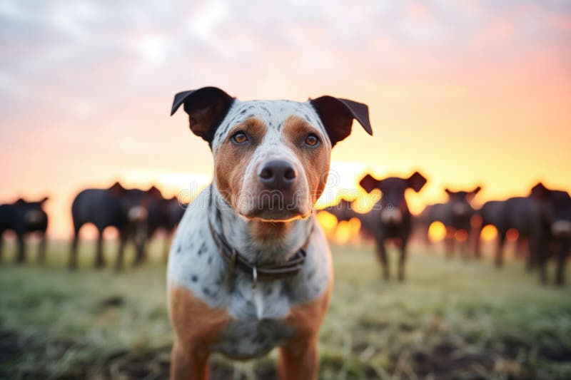 Australian Cattle Dog with a Herd of Cows at Dawn Stock Photo - Image ...