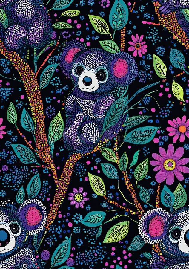 An Australian Dots Seamless Pattern Filled with Koalas in Tree Branches ...