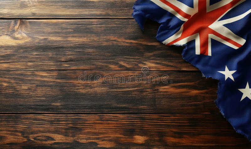 Australian Flag Draped Over Rustic Wooden Surface, Showcasing Vibrant ...