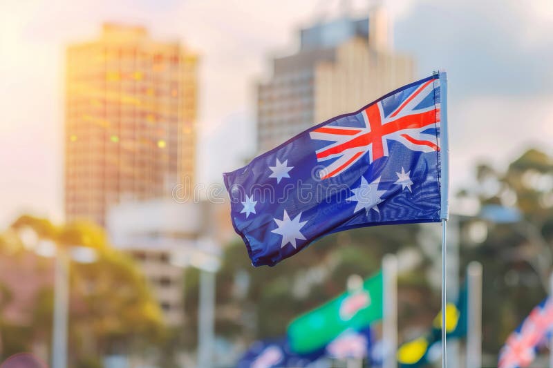 Australian Flag Waving Amid Cityscape at Sunset Stock Illustration ...