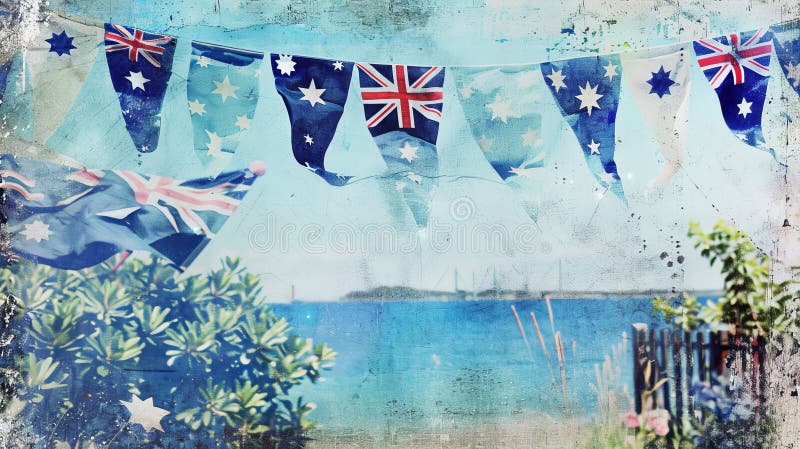 Australian Flags in Summer Breeze Over Coastal Landscape Stock ...