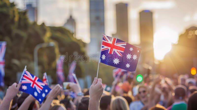 Australian Flags Waving at Sunset in Urban Celebration Stock ...