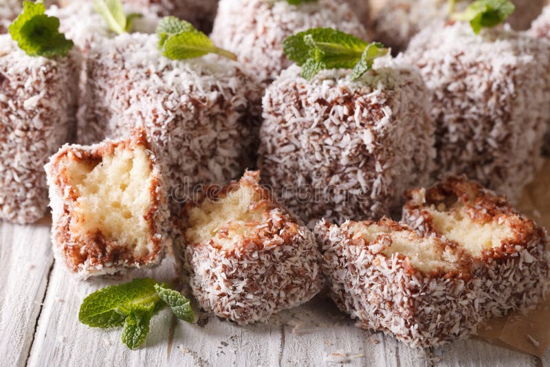 Australian Lamington Cake with Coconut Macro. Horizontal Stock Image ...