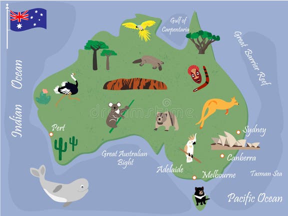 Australian Map with Animals and Landmarks Stock Vector - Illustration ...