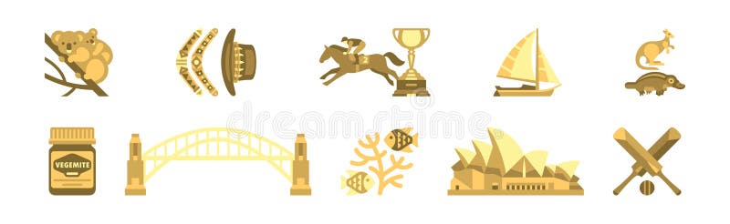 Australian Native Icons and National Flat Element Vector Set Stock ...