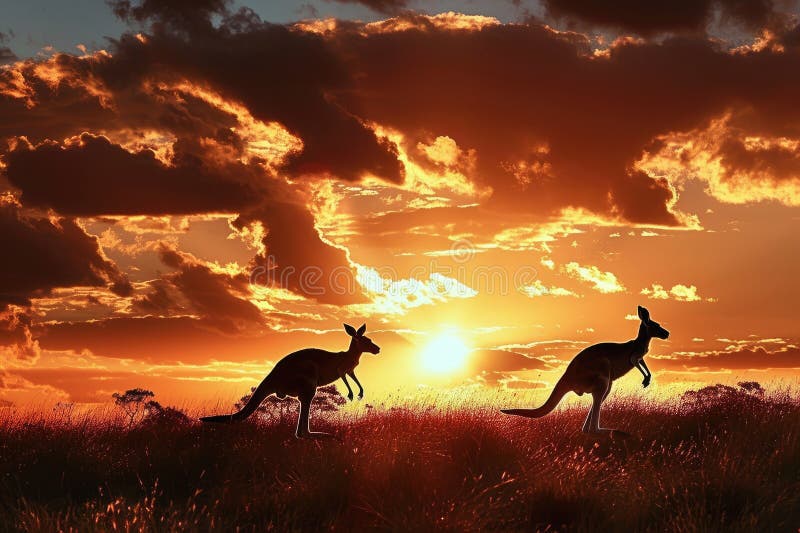 Australian Outback with Kangaroos Hopping and a Sunset in the ...