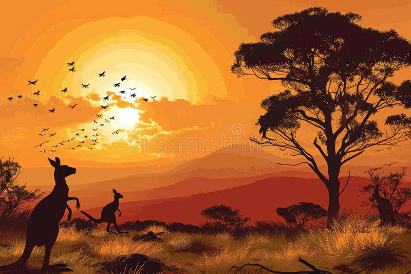 Australian Outback with Kangaroos Hopping and a Sunset in the ...