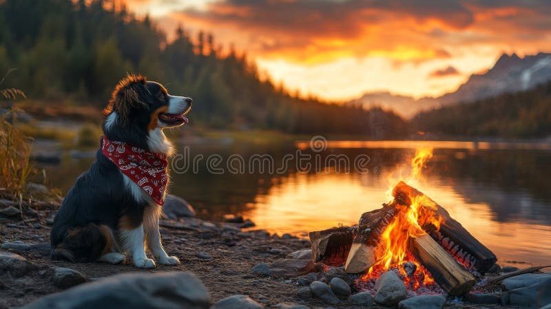 Australian Shepherd Dog by Campfire at Sunset, Mountain Lake Stock ...