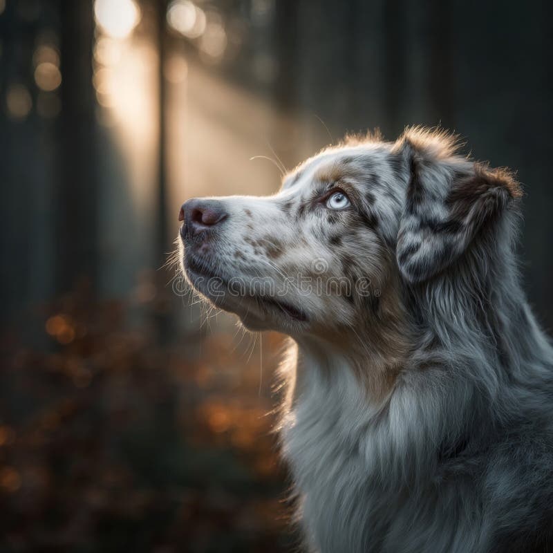 Australian Shepherd Dog Portrait in Sunlight Forest Stock Illustration ...