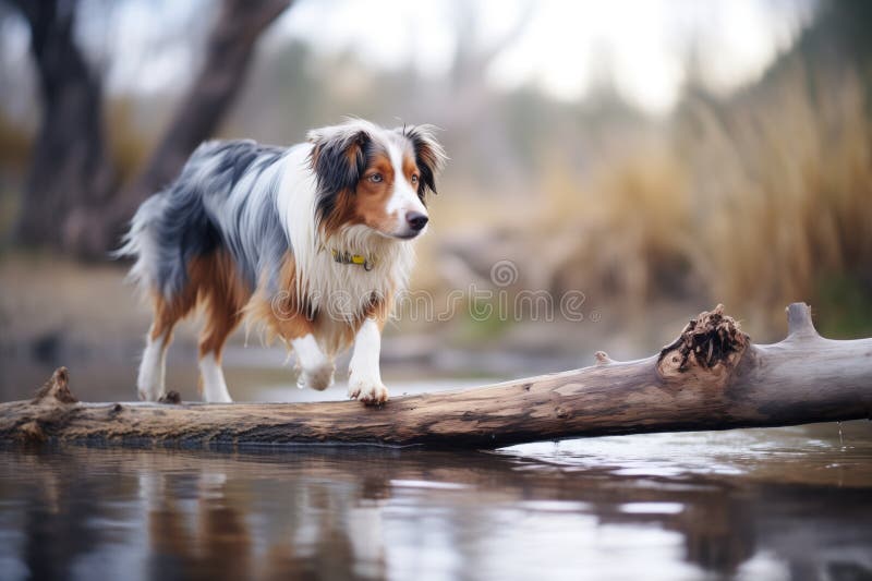 Australian Shepherd Walking a Log Over a Small Creek Stock Image ...